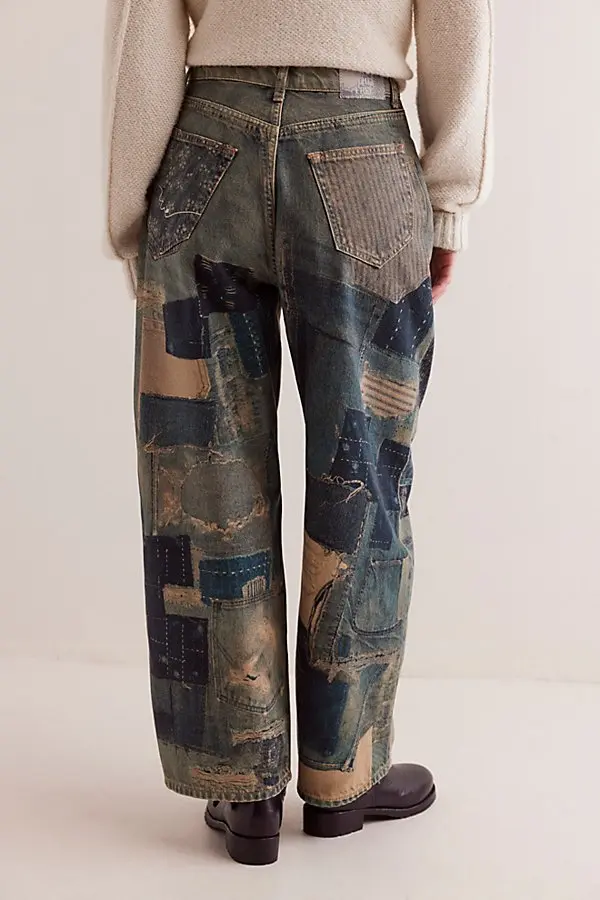 Free People Illusions Printed Relaxed Jeans - Indigo Combo